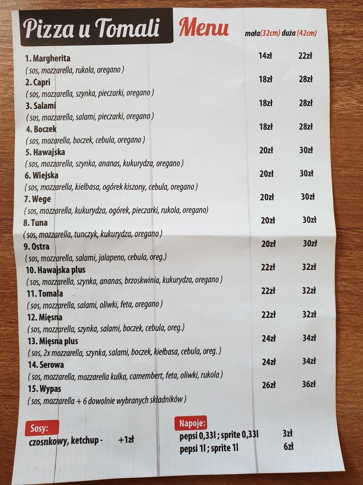 Menu at Pizzeria "U Tomali", Kraków