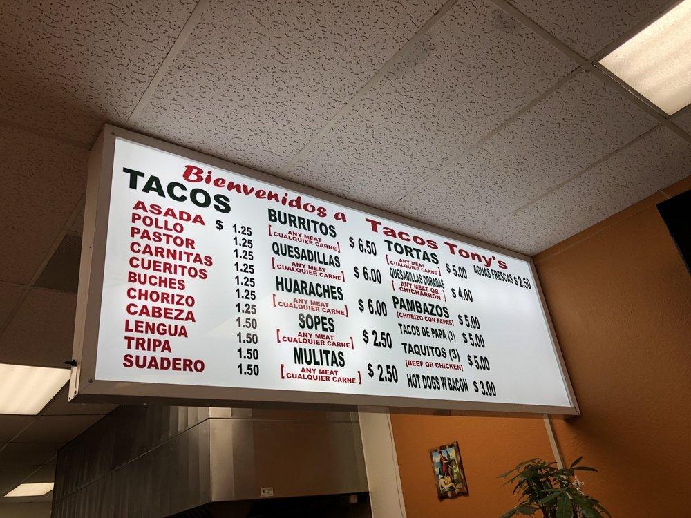 Menu at Tony's Tacos restaurant, Azusa