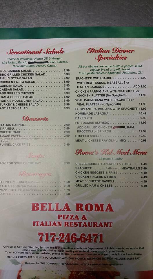 Menu at Bella Roma restaurant, Winterstown