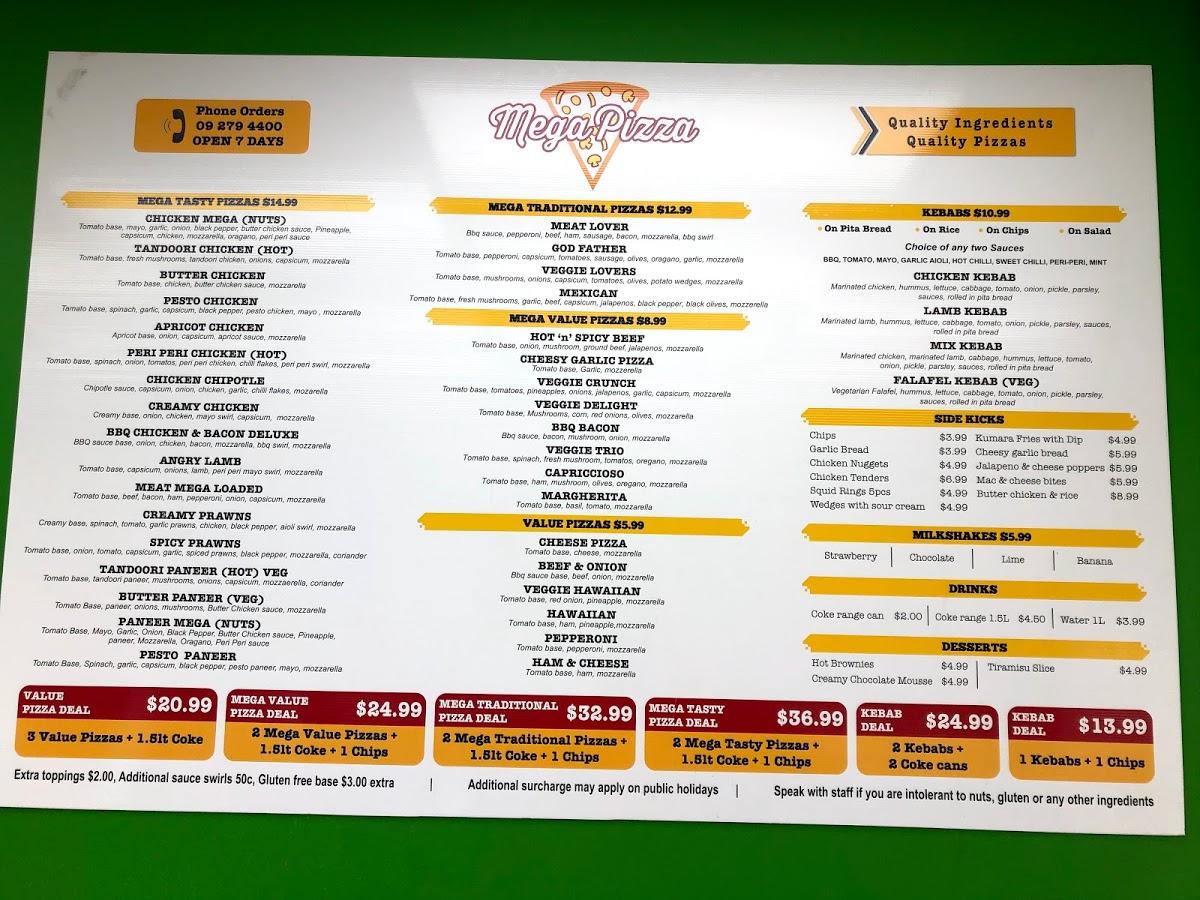 Menu at Mega Pizza & Kebab pizzeria, Auckland