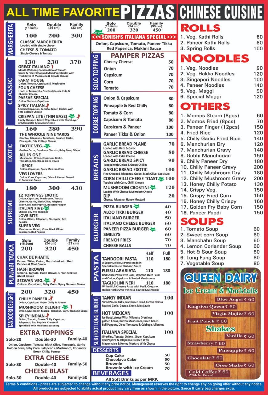 Menu at Pizza Italiana, Najibabad