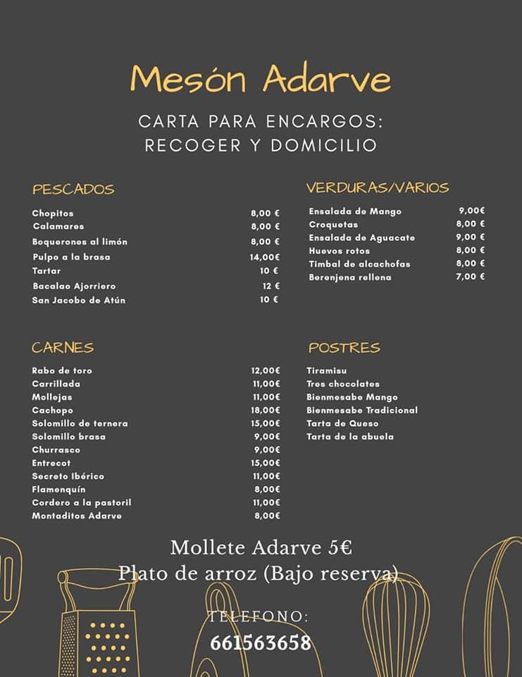 Carta del restaurante Mesón Adarve, Antequera, merecillas 12