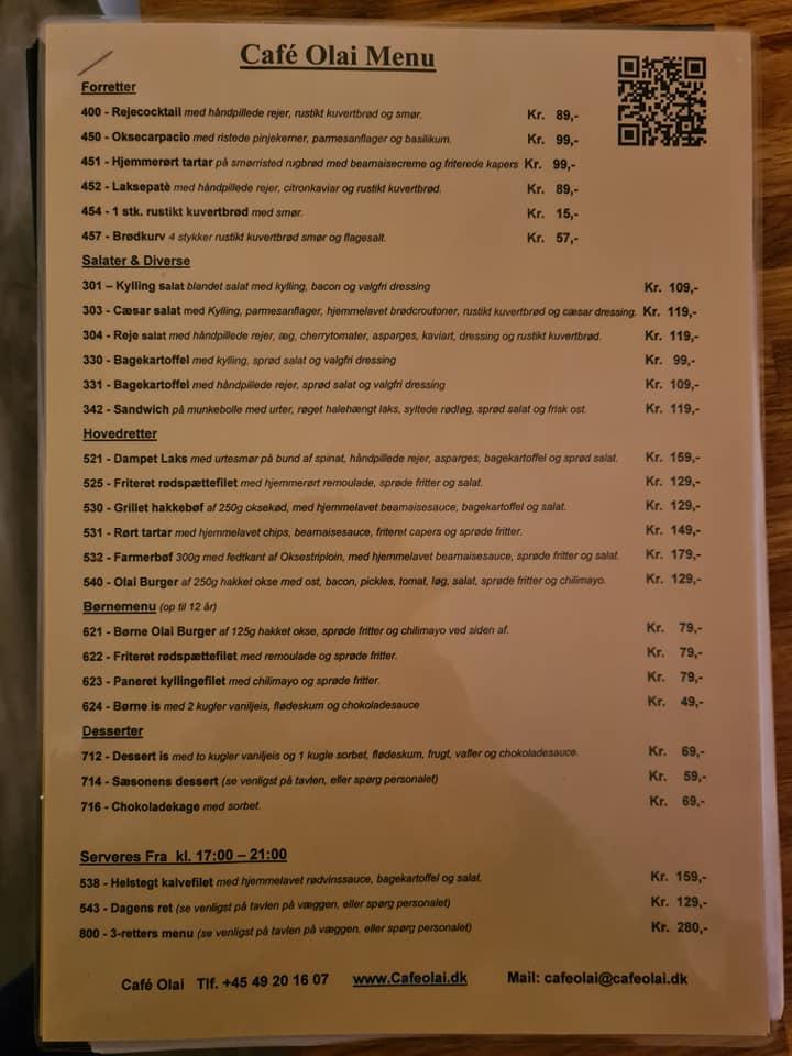 Menu at Café Olai cafe, Helsingør, Sct Olai Gade 19