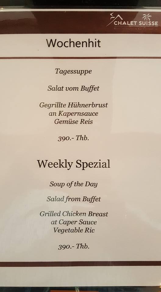 Menu at Chalet Suisse restaurant, Pattaya City