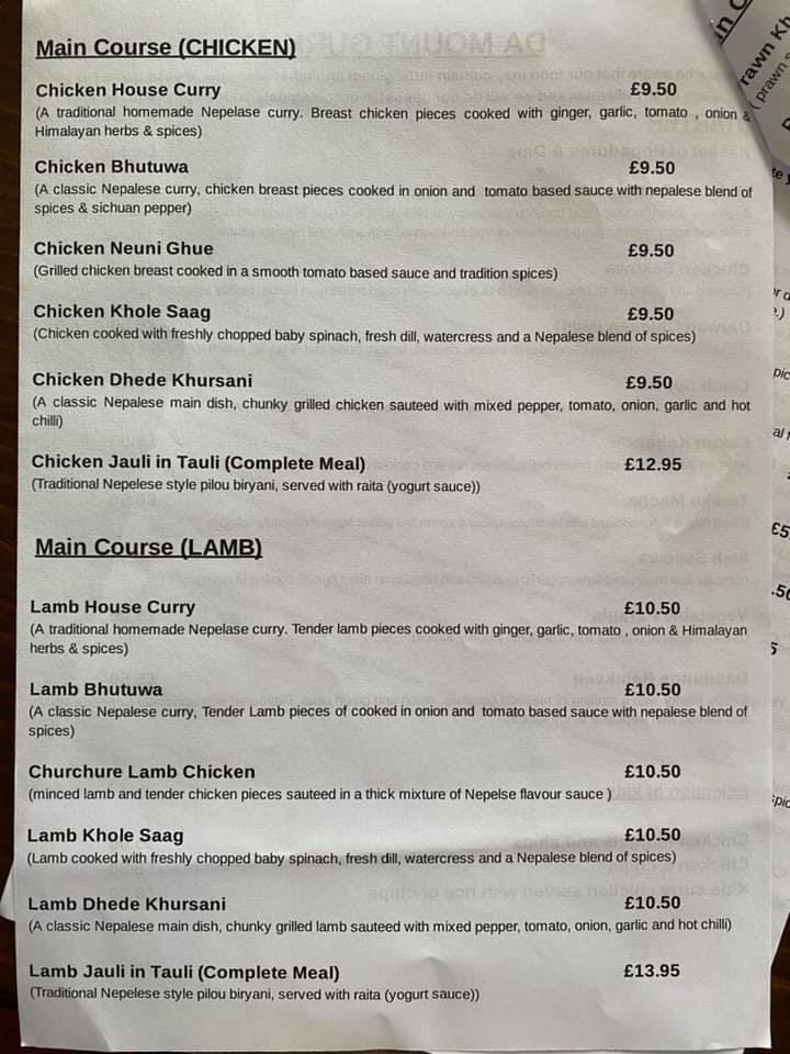 Menu at Da Mount Gurkha restaurant, Waterloo