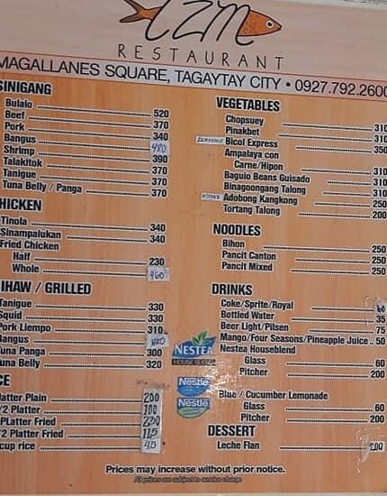 Menu at Lzm Restaurant, Cavite City, Bypass Road San Vicente II Silang ...