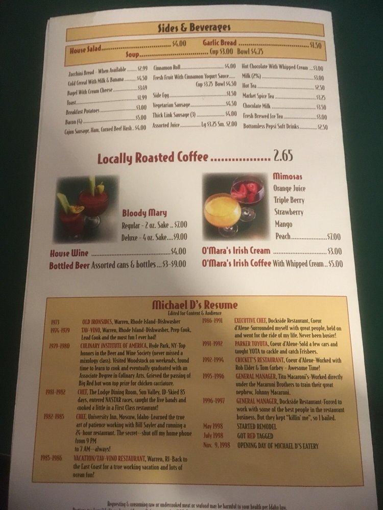 Menu at Michael D's Eatery restaurant, Coeur d'Alene