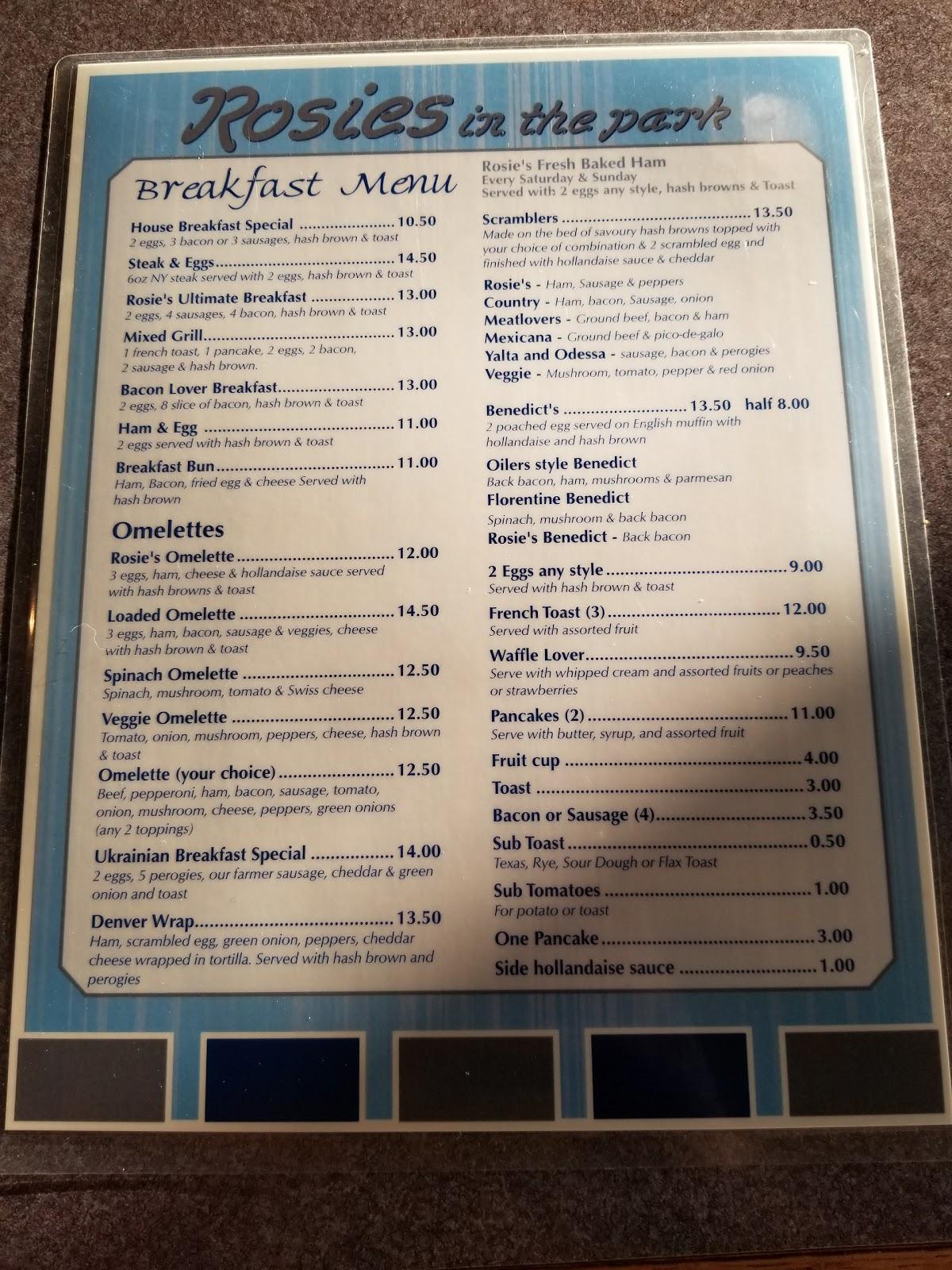 Menu at Rosies In The Park restaurant, Sherwood Park
