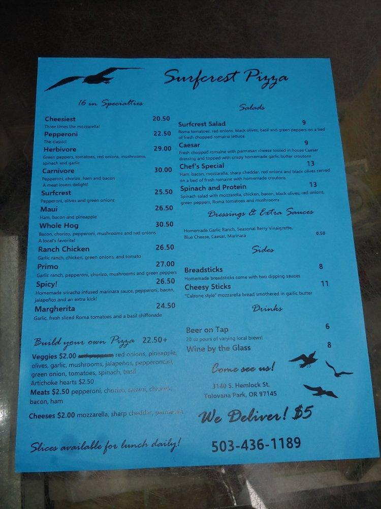 Menu at Surfcrest Market & Pizza pizzeria, Cannon Beach