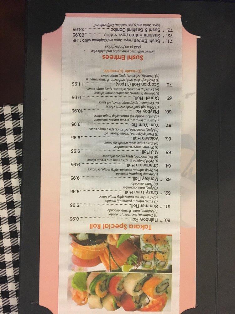 Menu at Takara Japanese Steakhouse, Ladson