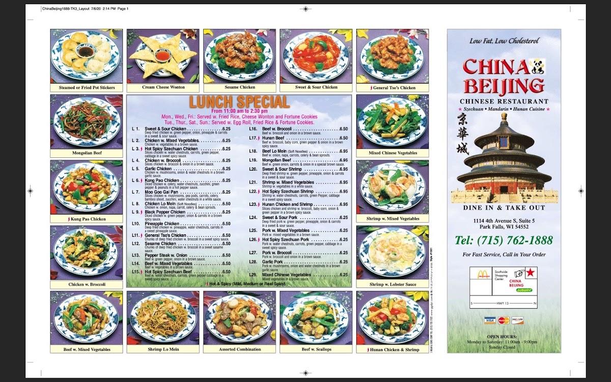 Menu at Beijing Restaurant, Park Falls