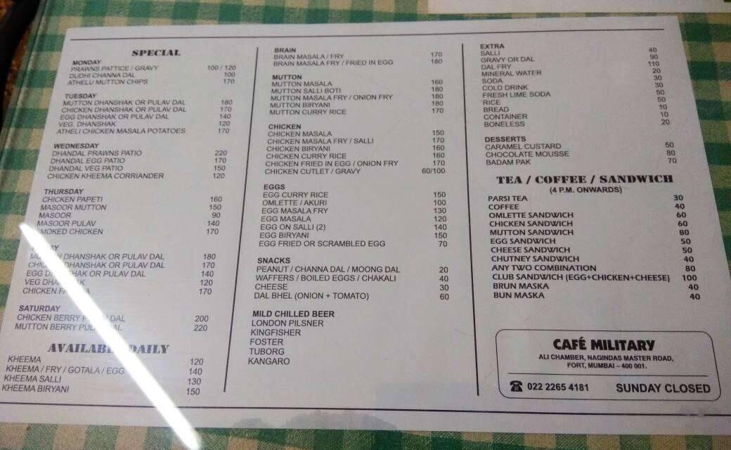 Menu at Cafe Military, Mumbai