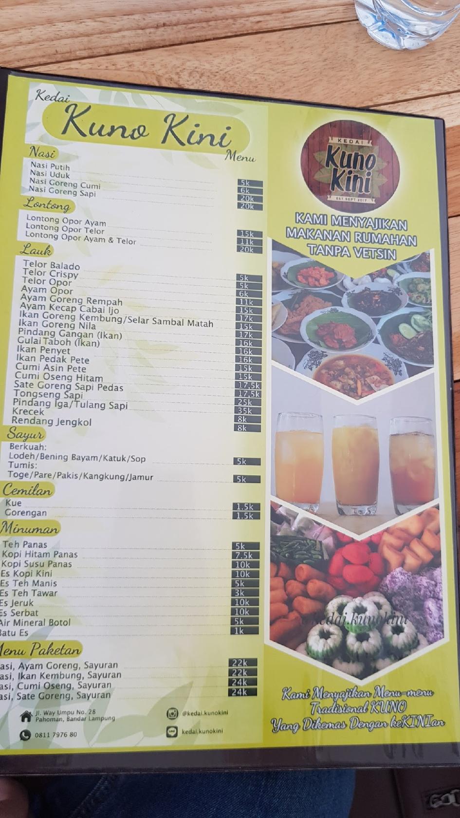 Menu at Kedai Kuno Kini restaurant, Bandar Lampung