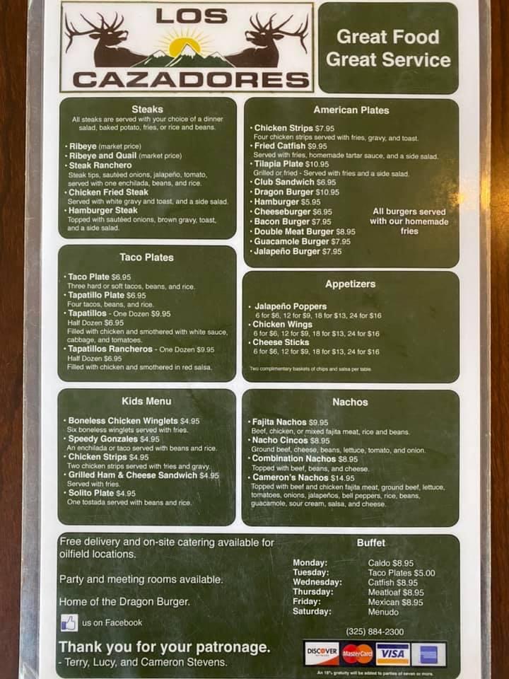 Menu at Los Cazadores restaurant, Big Lake