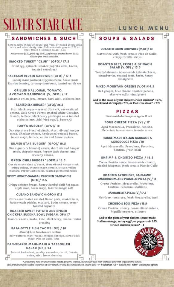 Menu at Silver Star Cafe, Park City
