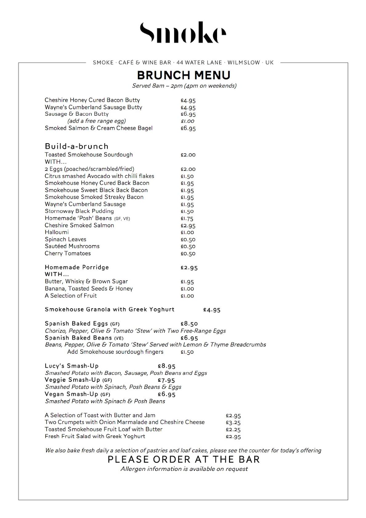 Menu at Smoke cafe, Wilmslow