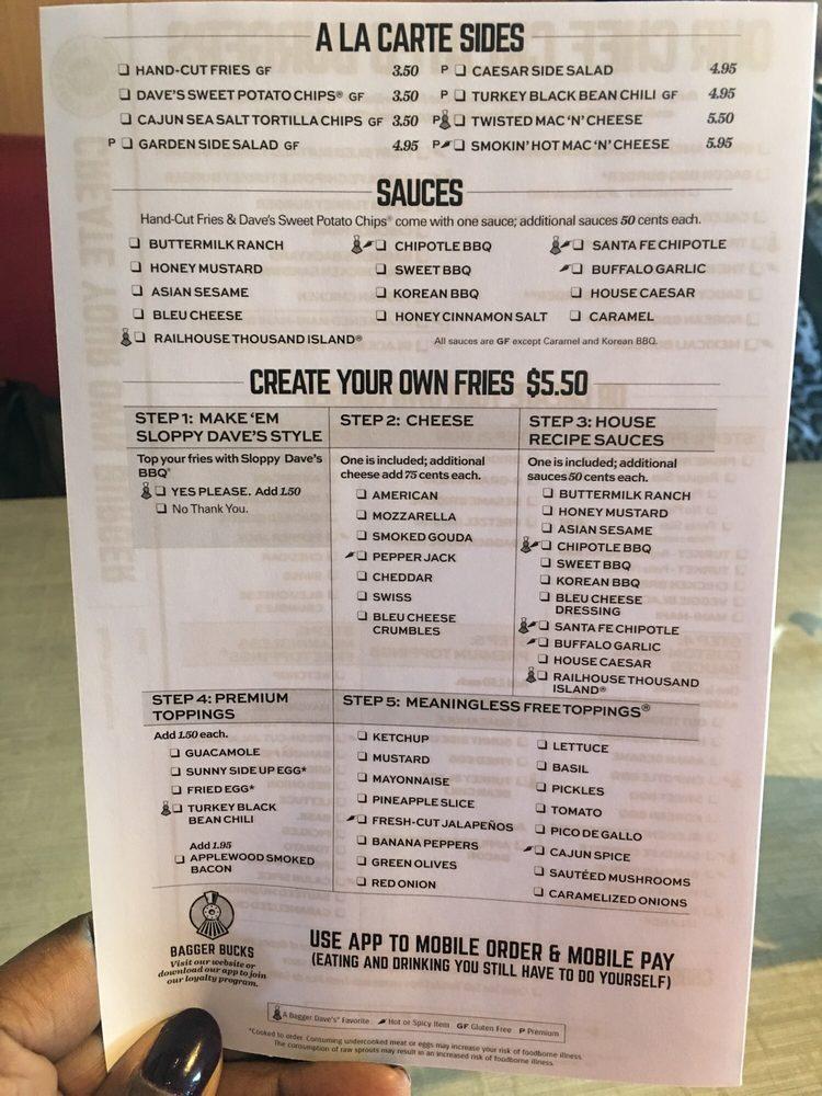 Menu at Bagger Dave's fast food, Centerville