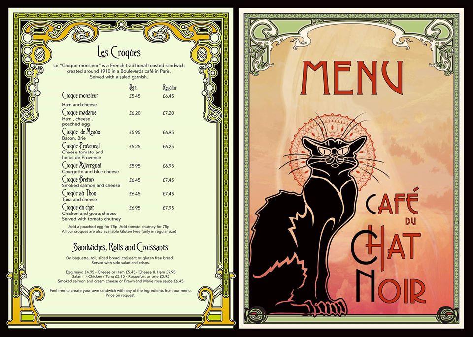 Menu at Café du Chat Noir cafe, Cardiff
