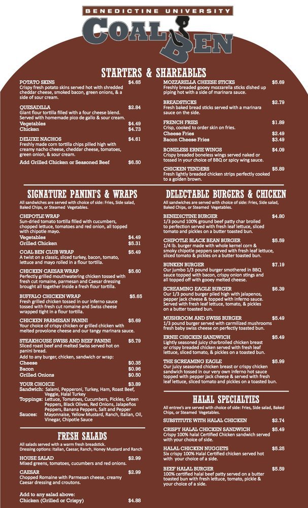 Menu at Coal Ben, Lisle, College Rd