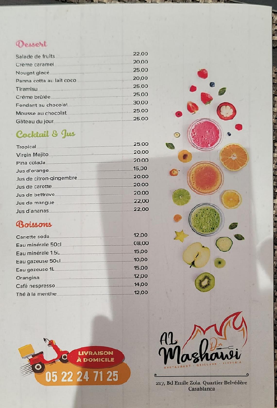 Menu au Dar Al Mashawi restaurant, Casablanca