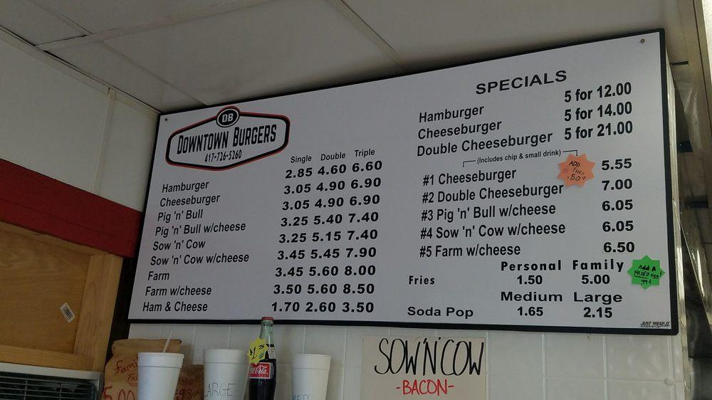 Menu at Downtown Burgers restaurant, Joplin