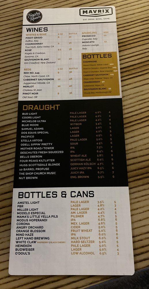 Menu at Mavrix pub & bar, Scottsdale