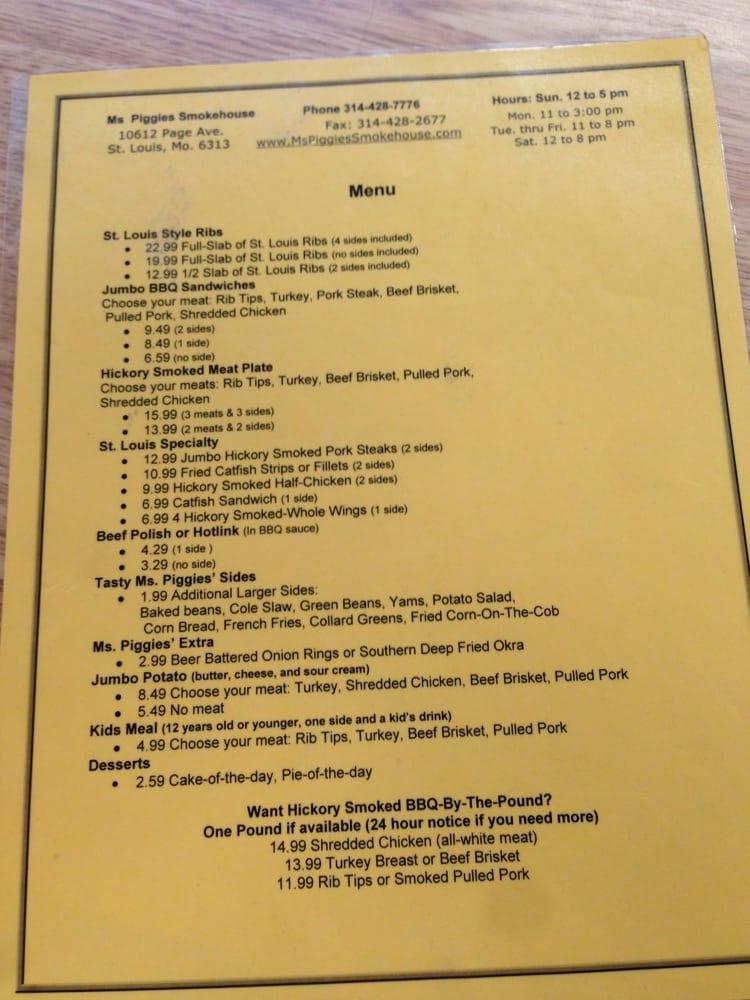 Menu at Ms Piggies' Smokehouse BBQ, Overland