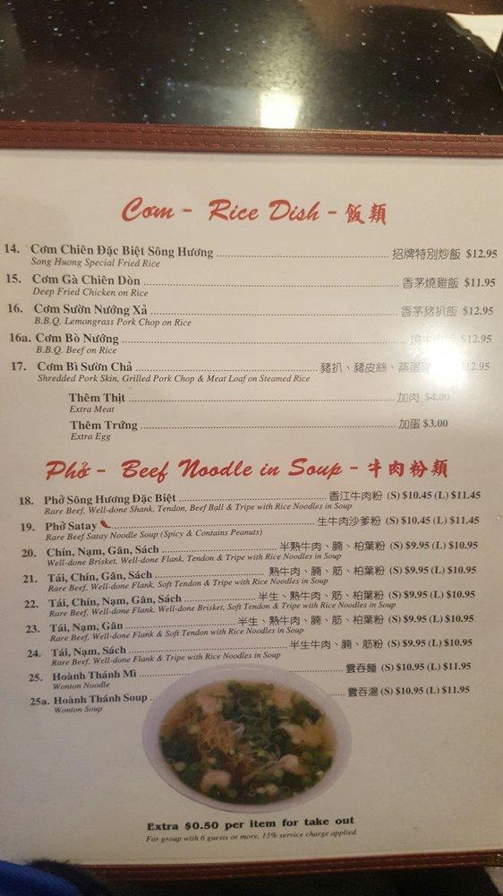 Menu at Pho Song Huong Vietnamese Restaurant, Edmonton