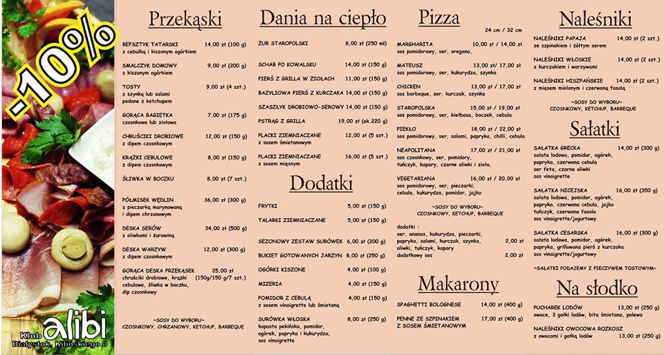 Menu at Alibi restaurant, Bialystok