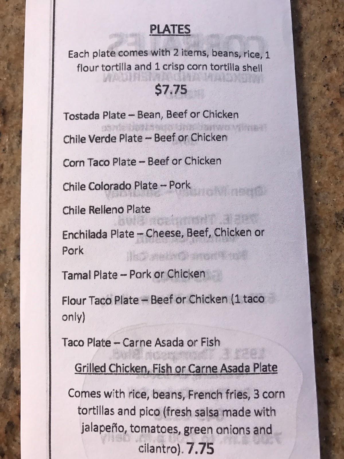 Menu at Corrales Mexican Food fast food, Ventura, 795 E Thompson Blvd