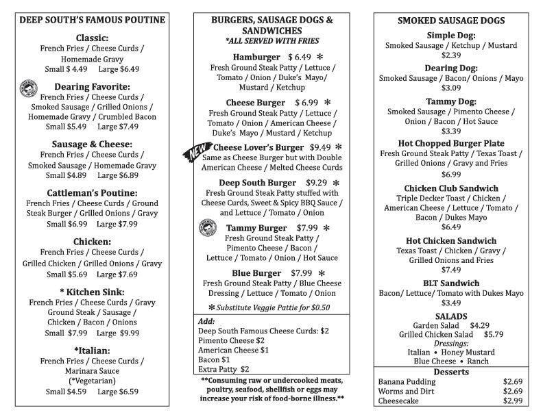 Menu at Deep South Cheese and Grill restaurant, Dearing