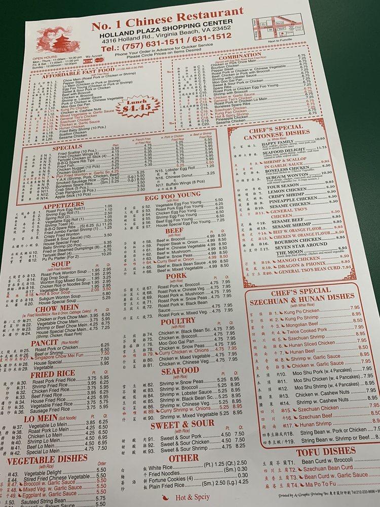 Menu at No. 1 Chinese Restaurant, Virginia Beach, Holland Rd