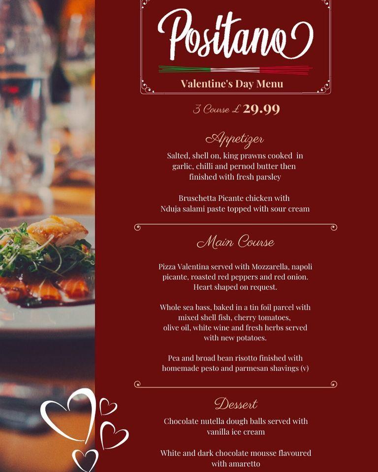 Menu at Positano restaurant, Swansea