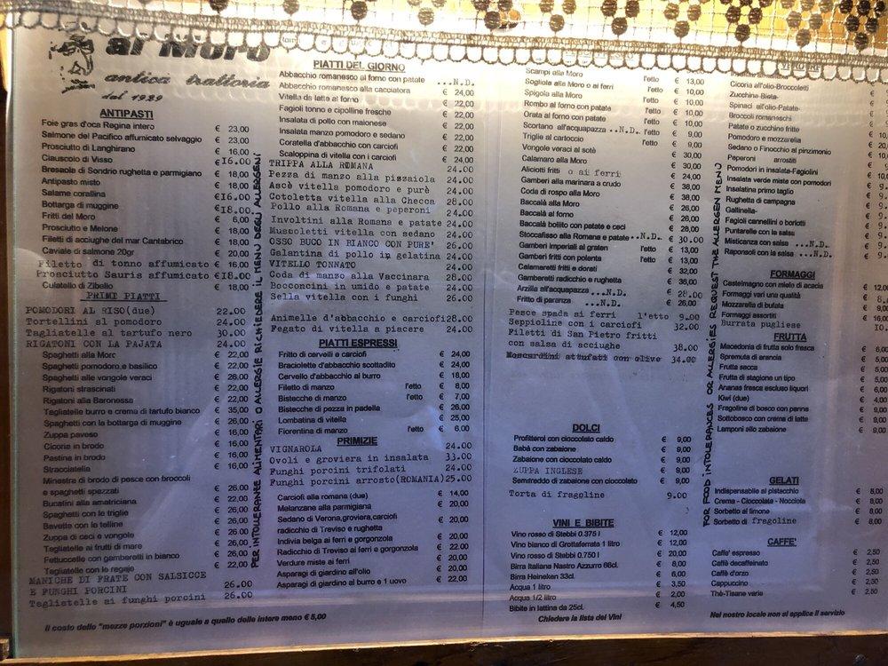 Menu at Trattoria al Moro restaurant, Rome, Vicolo delle Bollette