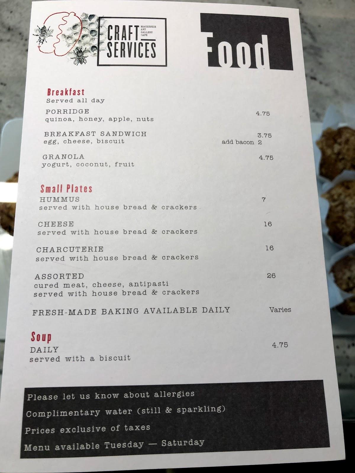 Menu at Craft Services by Crave: MacKenzie Art Gallery Café, Regina