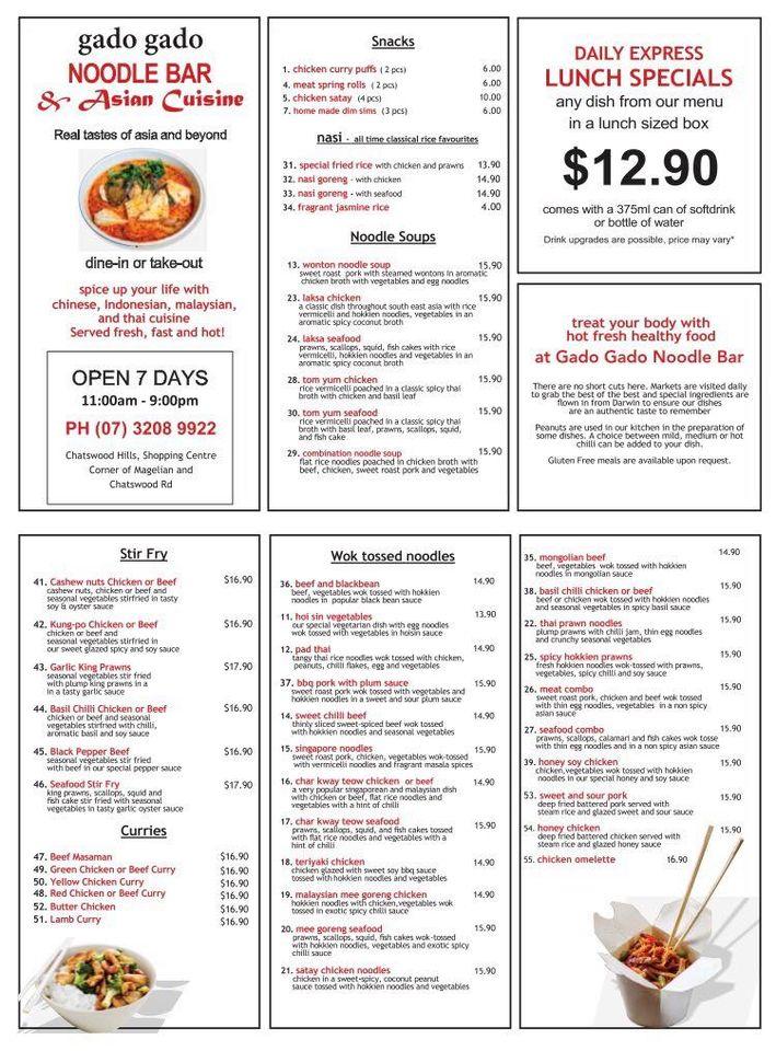Menu at Gado Gado Noodle Bar, Springwood