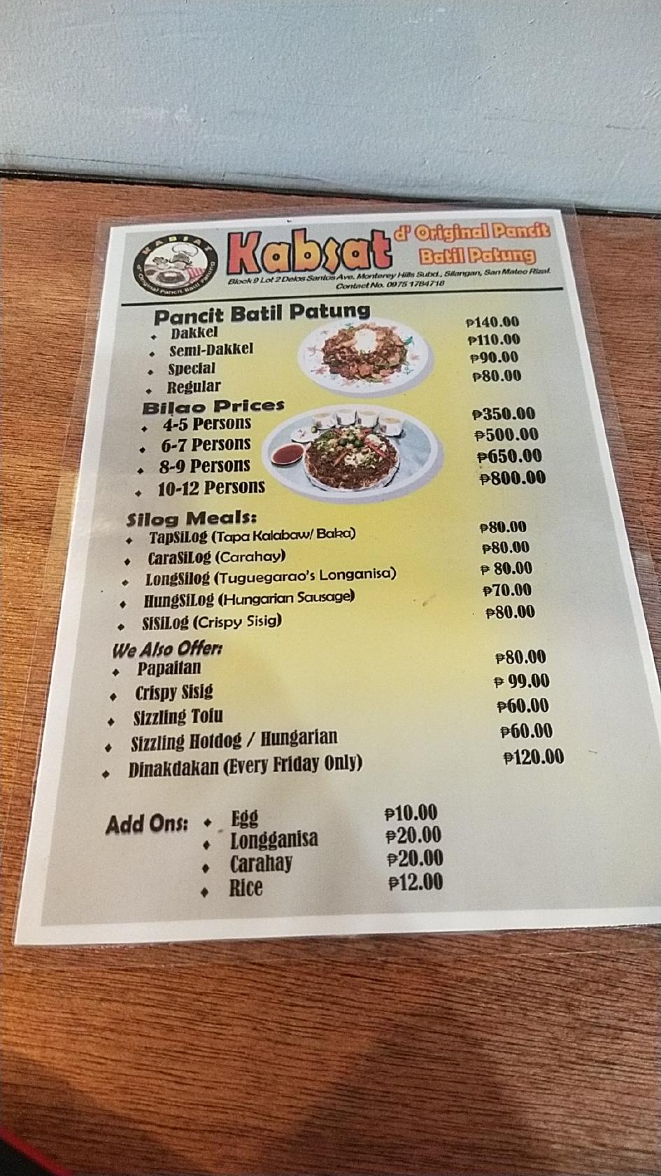 Menu at Kabsat d' Original Pancit Batil Patung restaurant, Antipolo