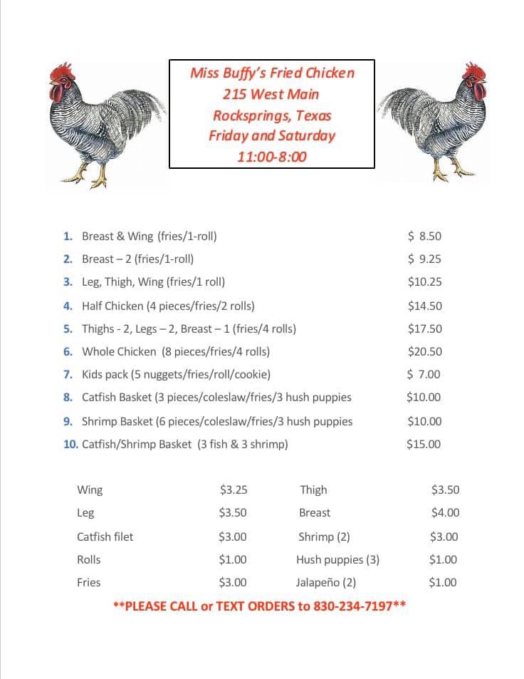 Menu at Miss Buffy’s Fried Chicken restaurant, Rocksprings