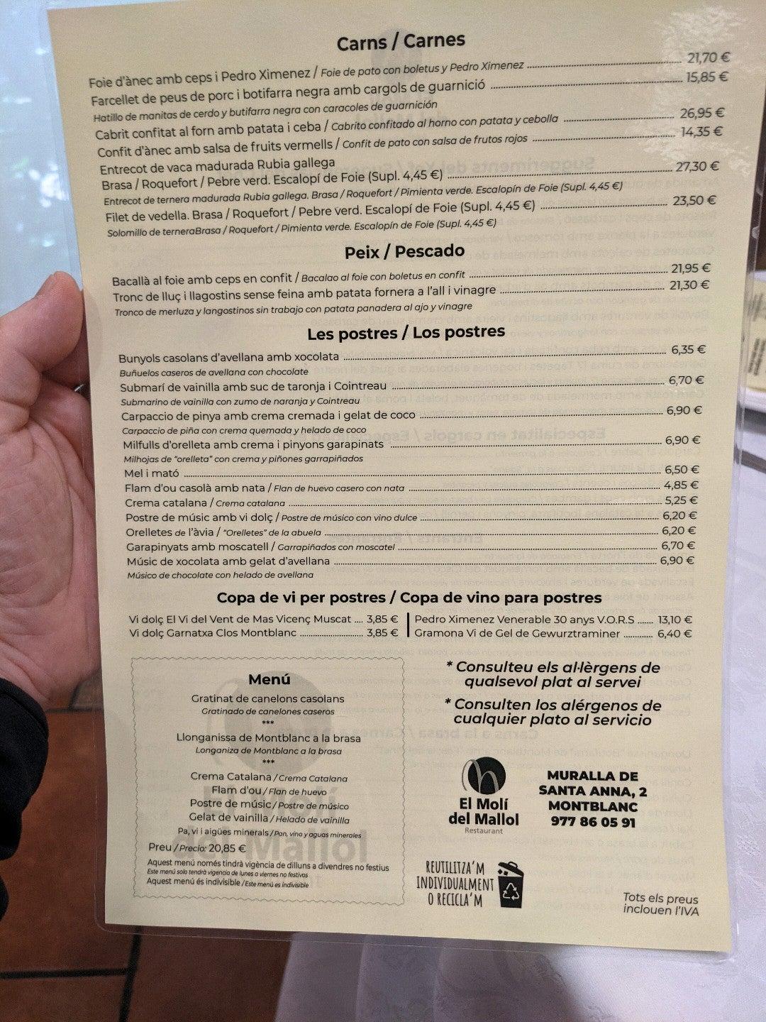 Carta del restaurante El Molí del Mallol, Montblanc