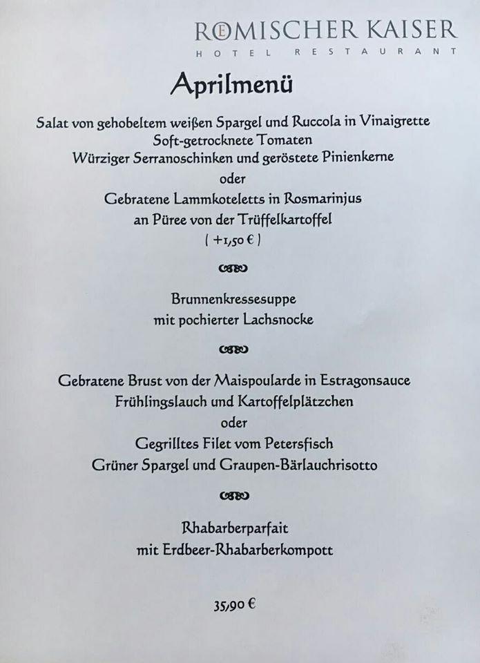 Menu at Taverne im Hotel Römischer Kaiser restaurant, Trier, Porta ...
