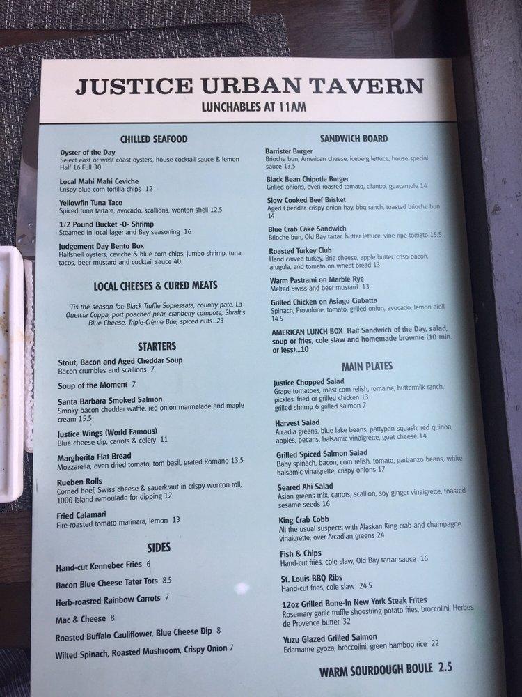 Menu at Justice Urban Tavern pub & bar, Los Angeles