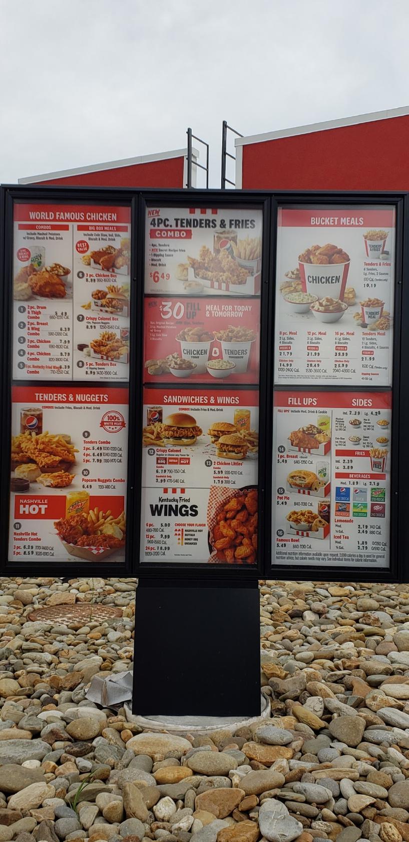 Menu at KFC fast food, Columbia, Clemson Rd