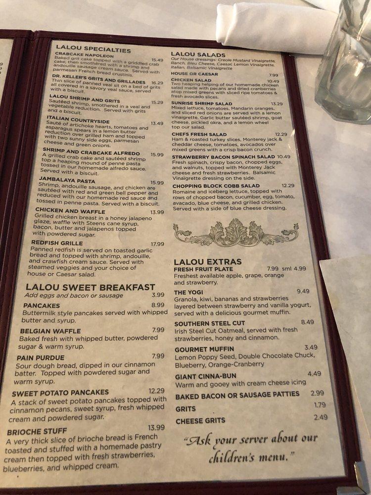 Menu at LaLou restaurant, Mandeville