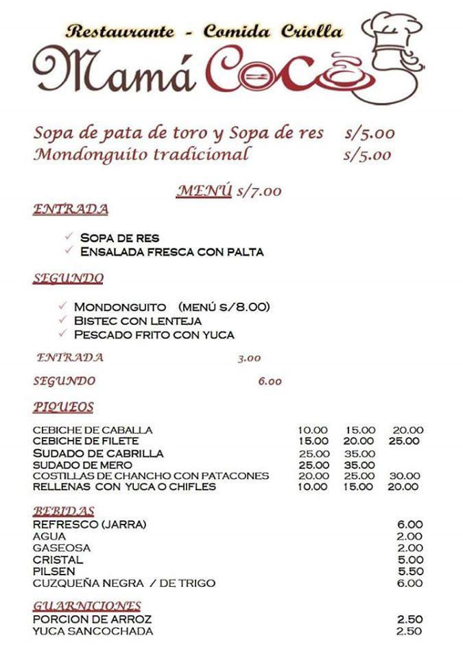 Menu at Mamá Coco restaurant, Piura