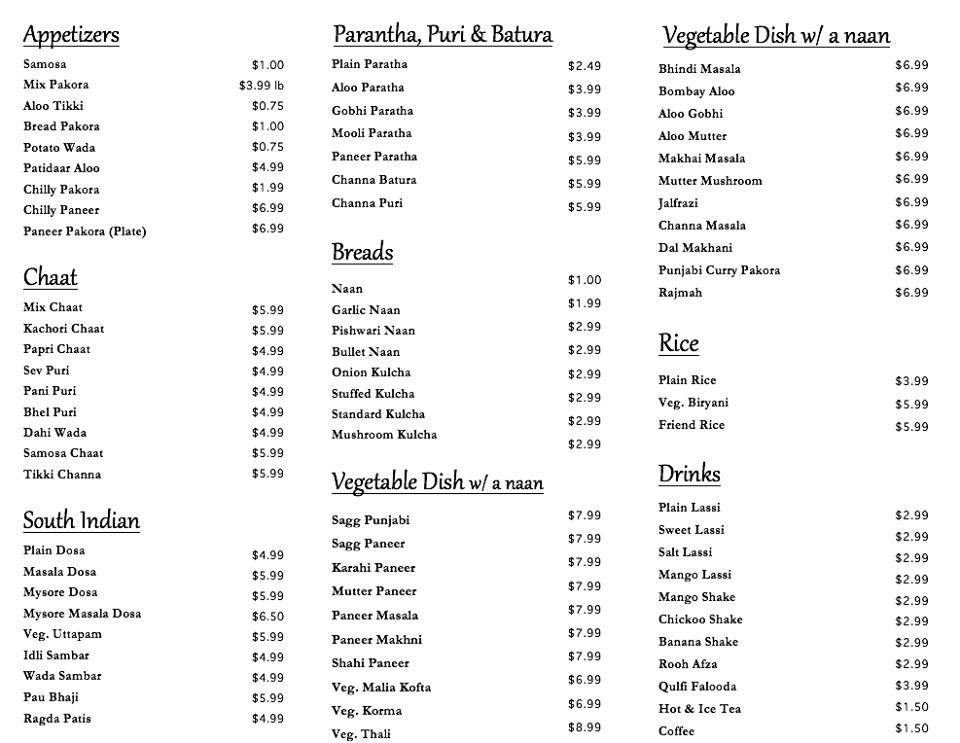 Menu at Standard Sweets restaurant, Sugar Land