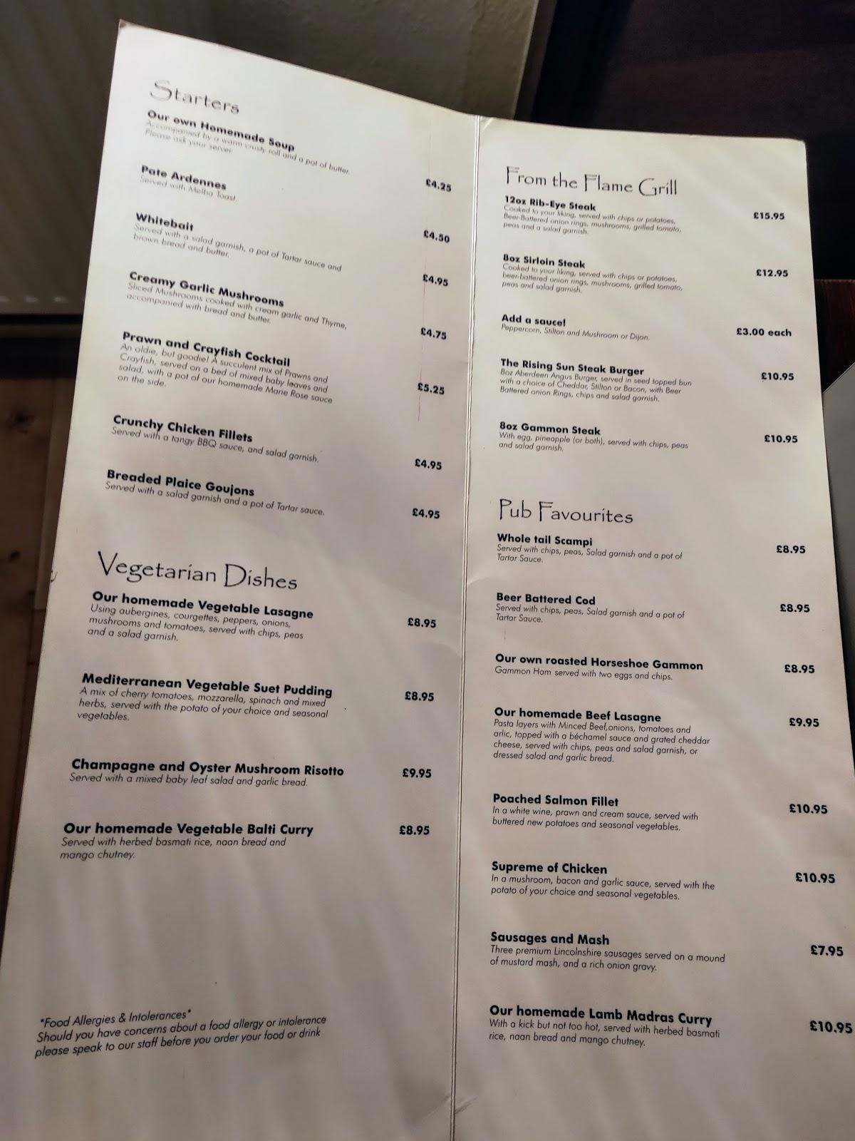 Menu at The Rising Sun Inn pub & bar, Wisbech