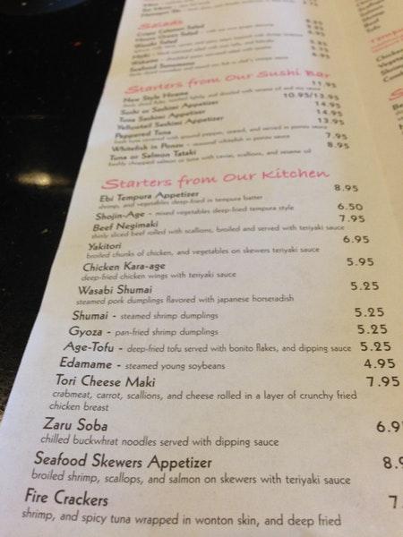 Carta del restaurante Wasabi House, Municipio del East Brunswick