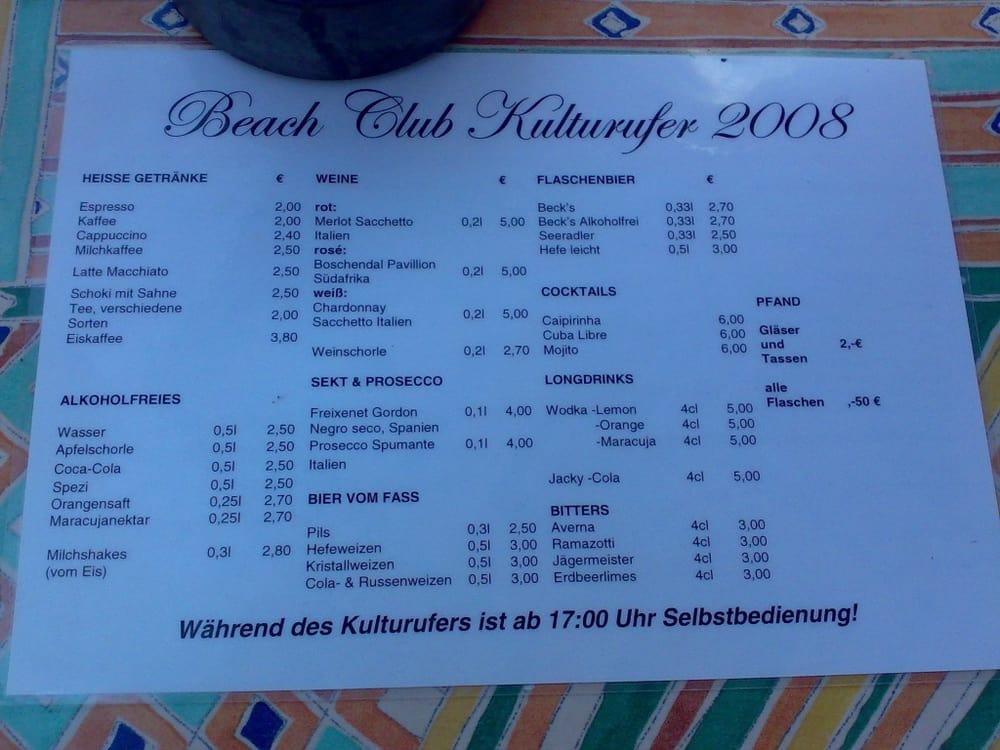 Menu at Beach Club, Friedrichshafen