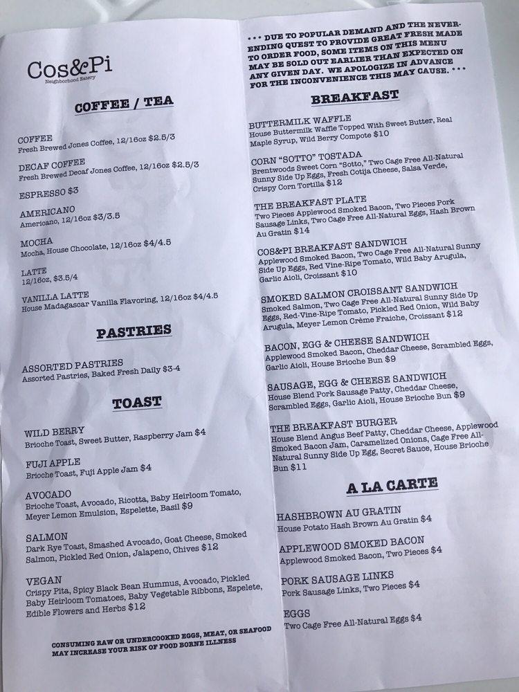 Menu at Cos & Pi restaurant, South Pasadena, 303 Pasadena Ave