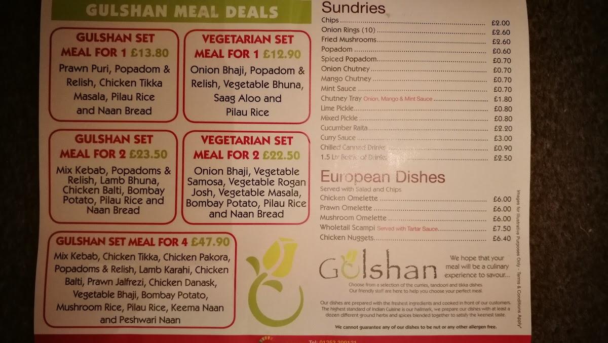 Menu at Gulshan Grill restaurant, Blackpool